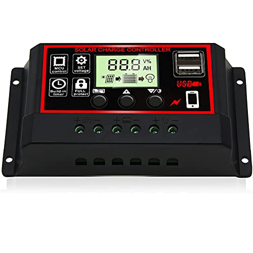 NICKTI 30A Solar Charge Controller, Solar Panel Battery Intelligent Regulator with Dual USB Port 12V/24V PWM Auto Parameter Adjustable LCD Display and Timer Setting ON/Off Hours (Black) (30A, Black)