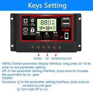 NICKTI 30A Solar Charge Controller, Solar Panel Battery Intelligent Regulator with Dual USB Port 12V/24V PWM Auto Parameter Adjustable LCD Display and Timer Setting ON/Off Hours (Black) (30A, Black)