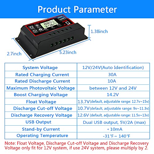 NICKTI 30A Solar Charge Controller, Solar Panel Battery Intelligent Regulator with Dual USB Port 12V/24V PWM Auto Parameter Adjustable LCD Display and Timer Setting ON/Off Hours (Black) (30A, Black)