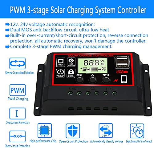 NICKTI 30A Solar Charge Controller, Solar Panel Battery Intelligent Regulator with Dual USB Port 12V/24V PWM Auto Parameter Adjustable LCD Display and Timer Setting ON/Off Hours (Black) (30A, Black)