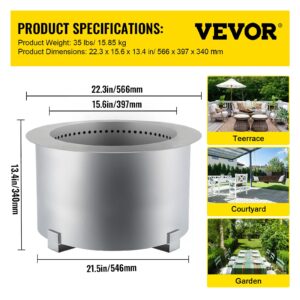 VEVOR Smokeless Fire Pit, 21.5 inch Outer Diameter / 15.6 Inner Diameter Stove Bonfire, Stainless Steel Smokeless Fire Bowl, Portable Wood Burning Fire Pit for Picnic Camping Parties