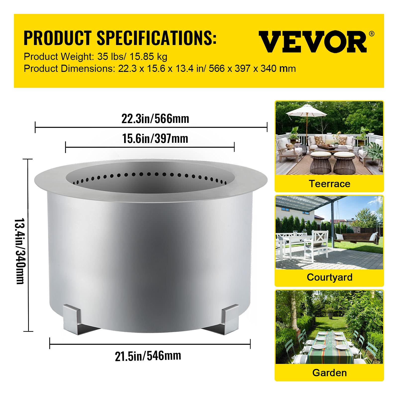 VEVOR Smokeless Fire Pit, 21.5 inch Outer Diameter / 15.6 Inner Diameter Stove Bonfire, Stainless Steel Smokeless Fire Bowl, Portable Wood Burning Fire Pit for Picnic Camping Parties