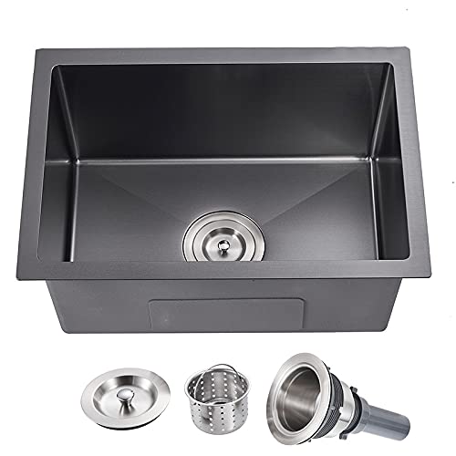 MENATT 24 Inch Undermount Single Bowl Kitchen Sink, SUS304 Stainless Steel Handmade Kitchen Sink Undermount Black, 24"x18"x9"