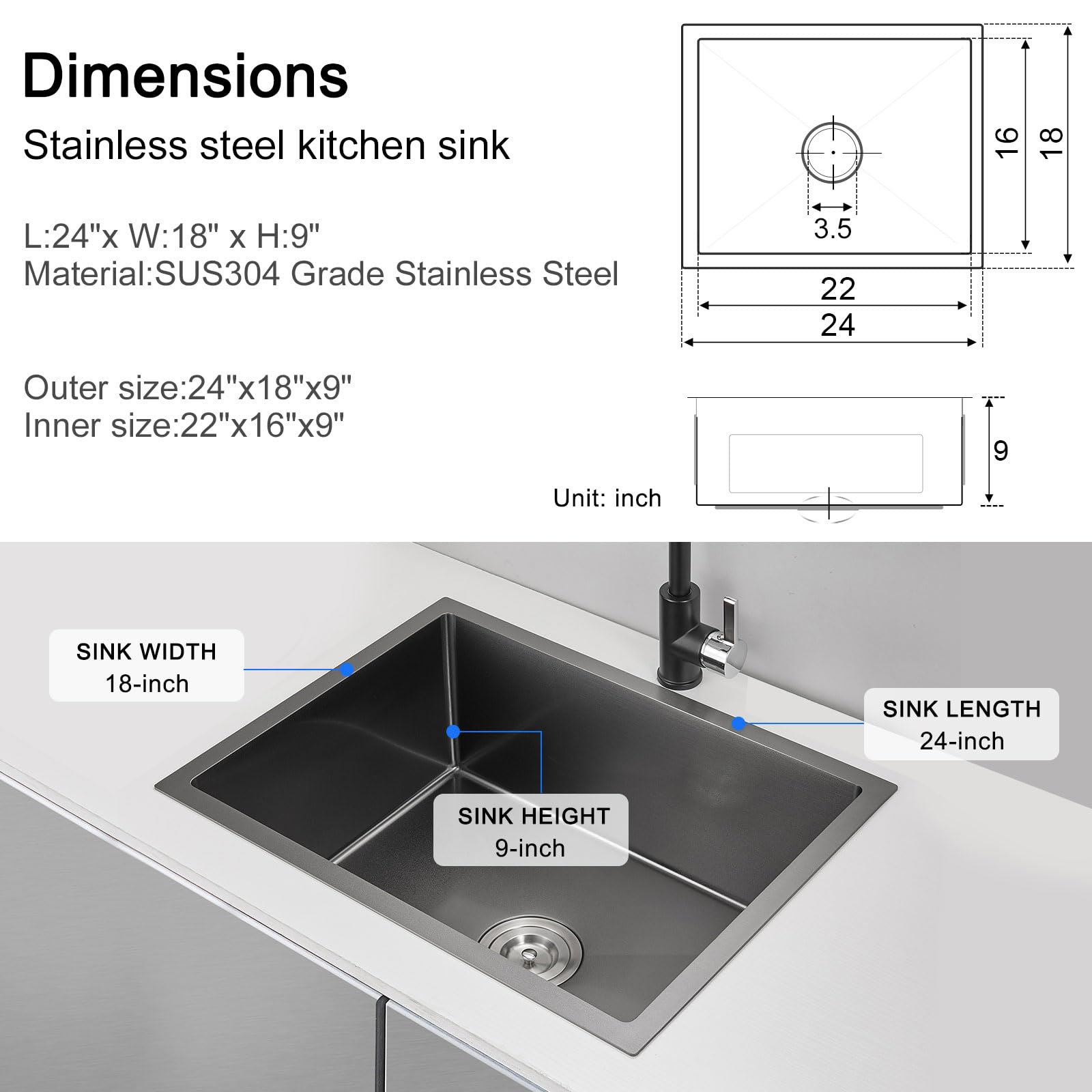 MENATT 24 Inch Undermount Single Bowl Kitchen Sink, SUS304 Stainless Steel Handmade Kitchen Sink Undermount Black, 24"x18"x9"