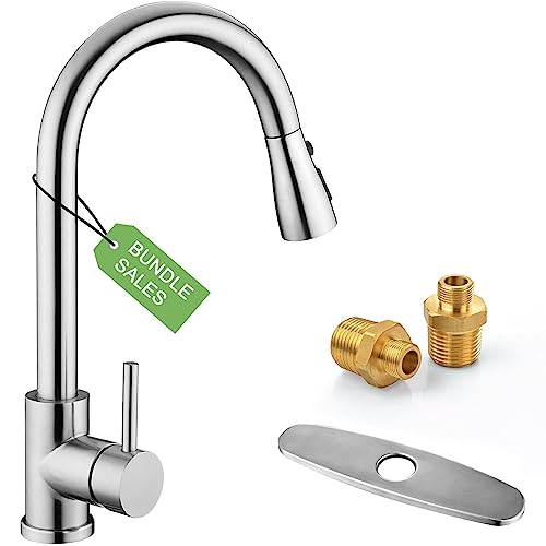 Kitchen Sink Faucet, Kitchen Faucet Stainless Steel with Pull Down Sprayer Brushed Nickel High arc Single Handle Single Hole with 3/8” Male to 1/2” Male Adapter 10 inches Deck Plate