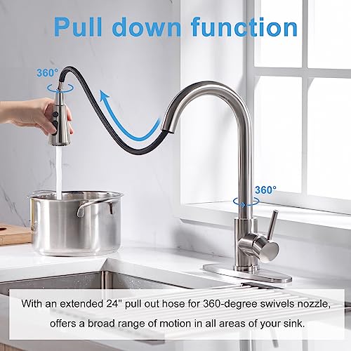 Kitchen Sink Faucet, Kitchen Faucet Stainless Steel with Pull Down Sprayer Brushed Nickel High arc Single Handle Single Hole with 3/8” Male to 1/2” Male Adapter 10 inches Deck Plate