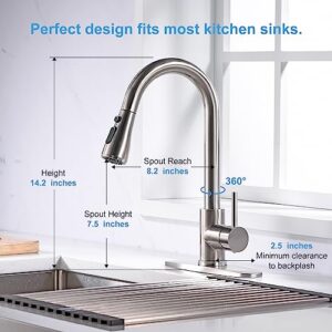 Kitchen Sink Faucet, Kitchen Faucet Stainless Steel with Pull Down Sprayer Brushed Nickel High arc Single Handle Single Hole with 3/8” Male to 1/2” Male Adapter 10 inches Deck Plate