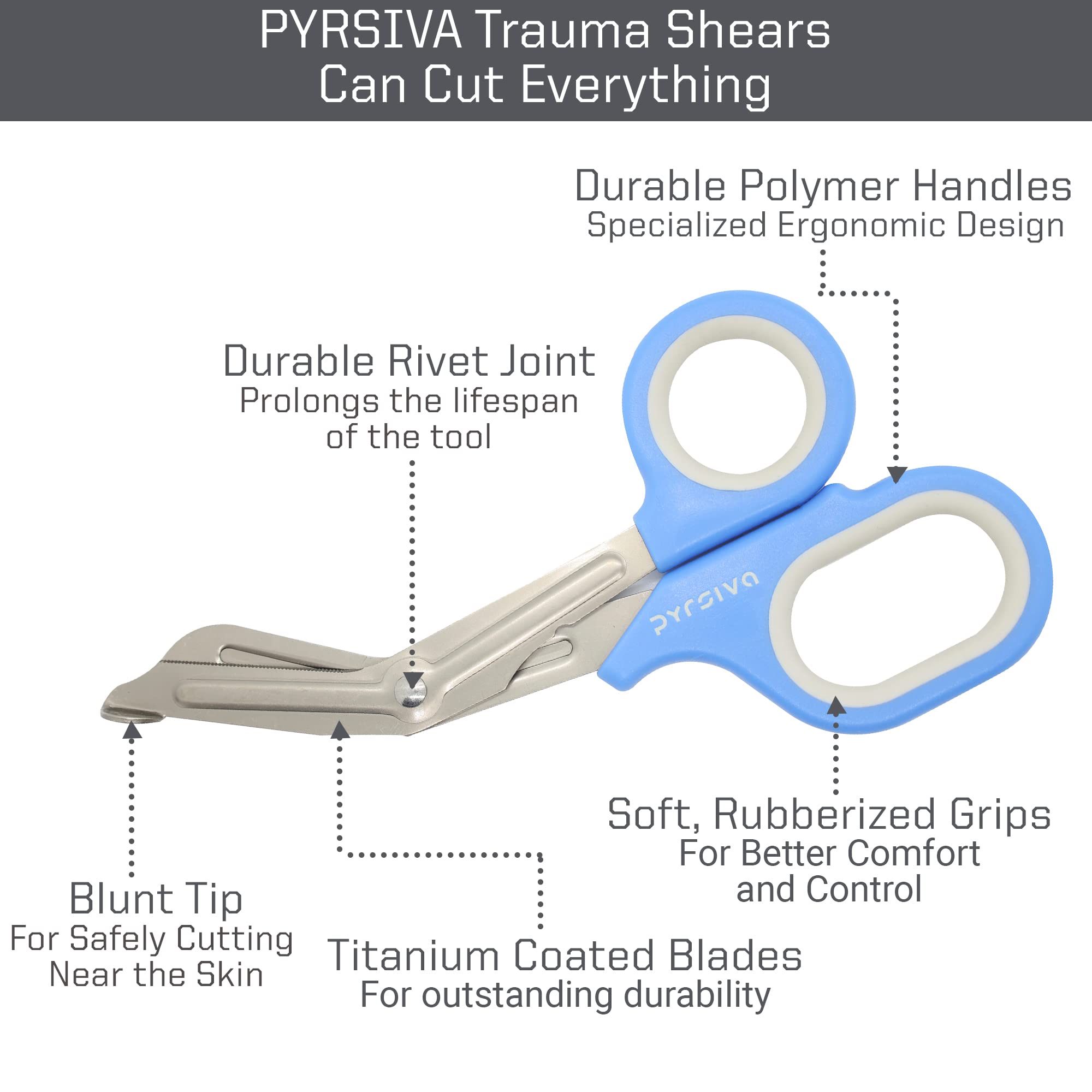 Professional-Grade Emergency Trauma Shears by PYRSIVA MEDICAL | Durable Titanized Blades, Rubberized Grips | For Nurses, EMTs, paramedics, physicians and vets