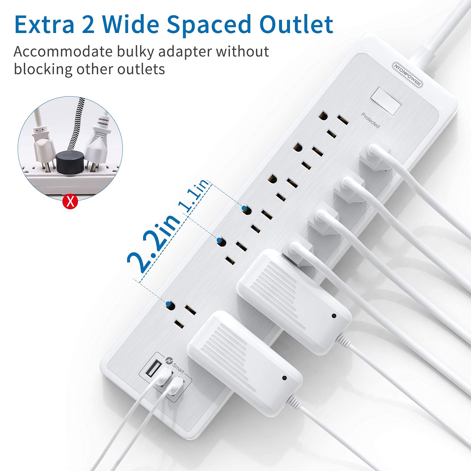 Extra Long Surge Protector Power Strip with USB Ports, NTONPOWER Power Strip with 12 Outlet(2 Widely Space), 15Ft/25Ft Long Extension Cord, Flat Plug Power Strip, Wall Mountable for Home Office, White