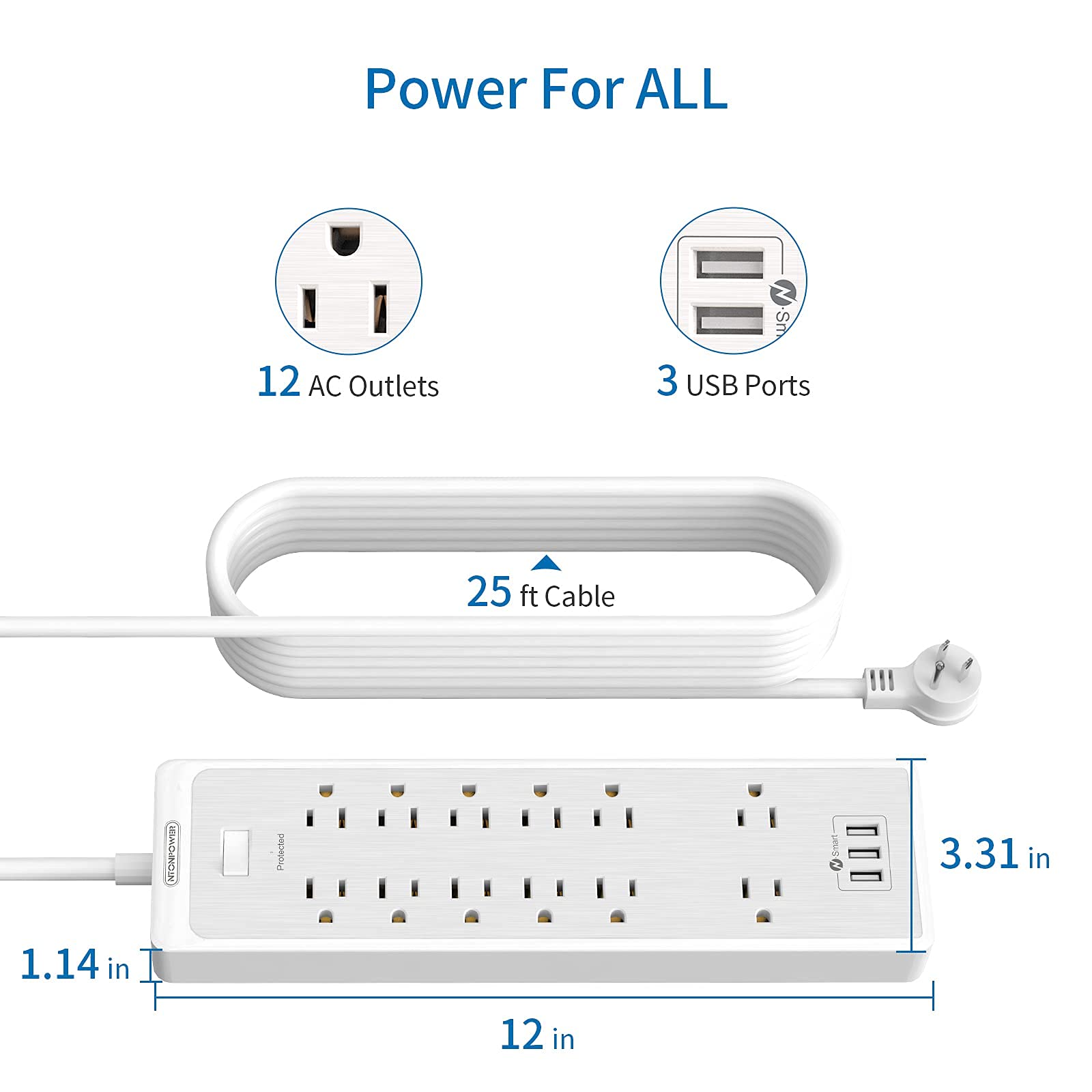 Extra Long Surge Protector Power Strip with USB Ports, NTONPOWER Power Strip with 12 Outlet(2 Widely Space), 15Ft/25Ft Long Extension Cord, Flat Plug Power Strip, Wall Mountable for Home Office, White