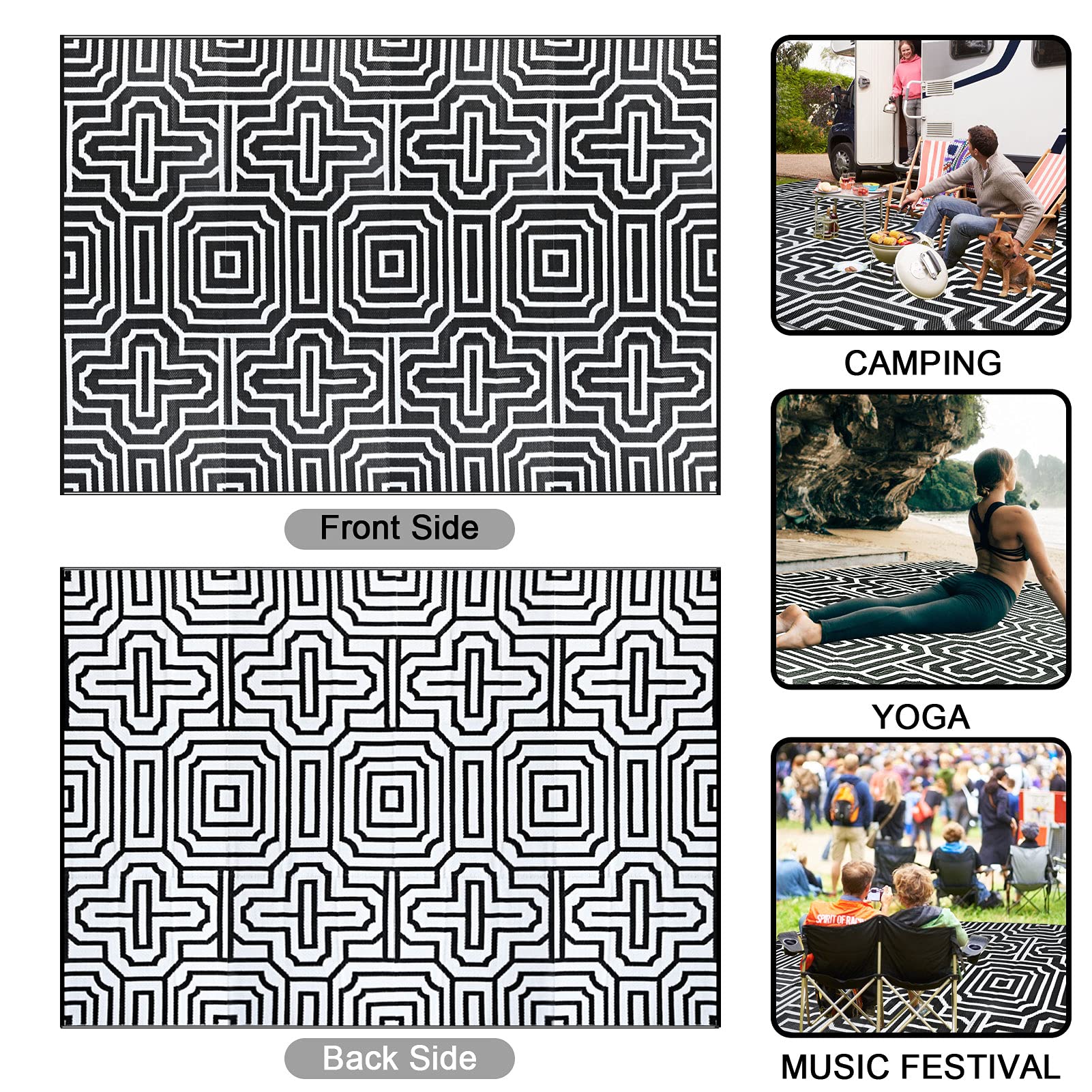 Plastic Straw Rug, Patio Rug Outdoor,RV Rug ,Reversible mats, Large Floor Mat and Rug for Outdoors, RV, Patio, Backyard, Deck, Picnic, Beach, Trailer, Camping (Black, 9x12)… (Black)