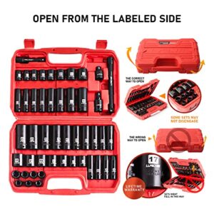 LLNDEI 3/8" Drive Impact Socket Set SAE and Metric (5/16"- 3/4", 8-22mm) 48pcs, CR-V Steel, 6 Point Sockets, Extension Bar (3-in, 6-in), 1/2"F to 3/8"M Reducer, 3/8" Universal Joint