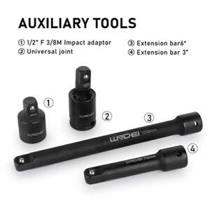 LLNDEI 3/8" Drive Impact Socket Set SAE and Metric (5/16"- 3/4", 8-22mm) 48pcs, CR-V Steel, 6 Point Sockets, Extension Bar (3-in, 6-in), 1/2"F to 3/8"M Reducer, 3/8" Universal Joint