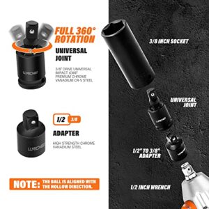 LLNDEI 3/8" Drive Impact Socket Set SAE and Metric (5/16"- 3/4", 8-22mm) 48pcs, CR-V Steel, 6 Point Sockets, Extension Bar (3-in, 6-in), 1/2"F to 3/8"M Reducer, 3/8" Universal Joint