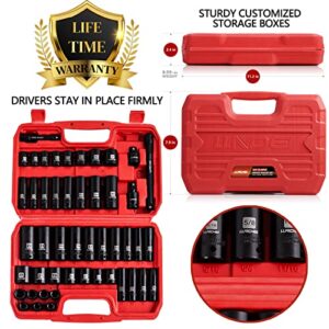 LLNDEI 3/8" Drive Impact Socket Set SAE and Metric (5/16"- 3/4", 8-22mm) 48pcs, CR-V Steel, 6 Point Sockets, Extension Bar (3-in, 6-in), 1/2"F to 3/8"M Reducer, 3/8" Universal Joint