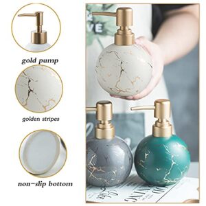 White Refillable Soap Dispenser for Kitchen Sink,Small Gold Ceramic Lotion Pump Bottle for Bathroom Countertop Sink, Round Hand Soap Dispenser Bottle with Golden Stripe for Laundry Shower Liquid