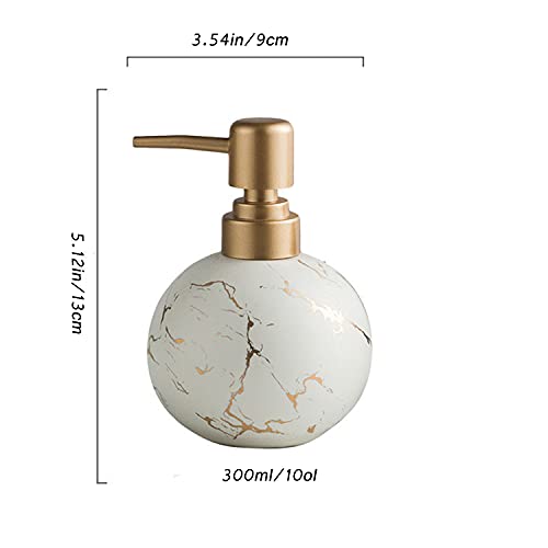 White Refillable Soap Dispenser for Kitchen Sink,Small Gold Ceramic Lotion Pump Bottle for Bathroom Countertop Sink, Round Hand Soap Dispenser Bottle with Golden Stripe for Laundry Shower Liquid