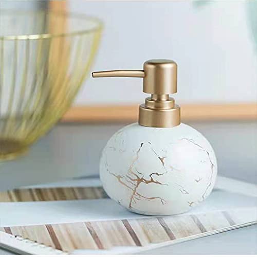 White Refillable Soap Dispenser for Kitchen Sink,Small Gold Ceramic Lotion Pump Bottle for Bathroom Countertop Sink, Round Hand Soap Dispenser Bottle with Golden Stripe for Laundry Shower Liquid