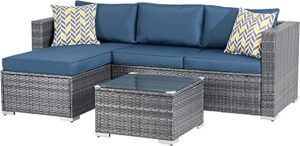 jamfly outdoor patio furniture sets, all-weather rattan outdoor sectional sofa with tea table and cushions upgrade wicker patio sectional sets 3-piece (aegean blue)