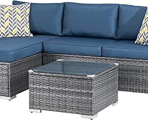 JAMFLY Outdoor Patio Furniture Sets, All-Weather Rattan Outdoor Sectional Sofa with Tea Table and Cushions Upgrade Wicker Patio sectional Sets 3-Piece (Aegean Blue)