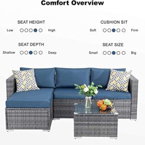 JAMFLY Outdoor Patio Furniture Sets, All-Weather Rattan Outdoor Sectional Sofa with Tea Table and Cushions Upgrade Wicker Patio sectional Sets 3-Piece (Aegean Blue)