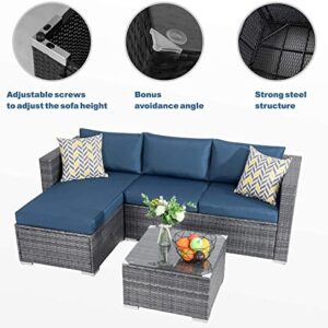 JAMFLY Outdoor Patio Furniture Sets, All-Weather Rattan Outdoor Sectional Sofa with Tea Table and Cushions Upgrade Wicker Patio sectional Sets 3-Piece (Aegean Blue)