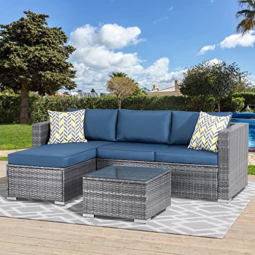 JAMFLY Outdoor Patio Furniture Sets, All-Weather Rattan Outdoor Sectional Sofa with Tea Table and Cushions Upgrade Wicker Patio sectional Sets 3-Piece (Aegean Blue)