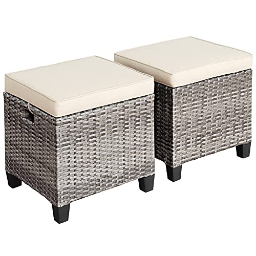 Tangkula 2 Pieces Patio Rattan Ottomans, Outdoor Wicker Footstool Footrest Seat with Soft Cushions and Steel Frame, All-Weather Patio Ottoman Set for Backyard Garden Poolside (White)