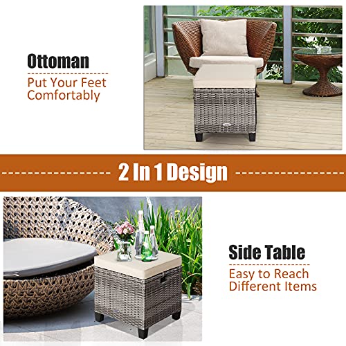 Tangkula 2 Pieces Patio Rattan Ottomans, Outdoor Wicker Footstool Footrest Seat with Soft Cushions and Steel Frame, All-Weather Patio Ottoman Set for Backyard Garden Poolside (White)