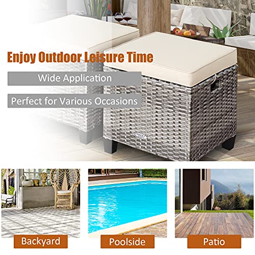 Tangkula 2 Pieces Patio Rattan Ottomans, Outdoor Wicker Footstool Footrest Seat with Soft Cushions and Steel Frame, All-Weather Patio Ottoman Set for Backyard Garden Poolside (White)