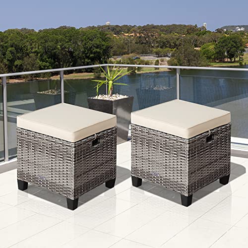 Tangkula 2 Pieces Patio Rattan Ottomans, Outdoor Wicker Footstool Footrest Seat with Soft Cushions and Steel Frame, All-Weather Patio Ottoman Set for Backyard Garden Poolside (White)