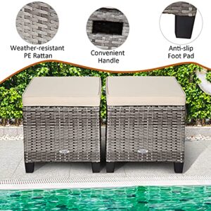 Tangkula 2 Pieces Patio Rattan Ottomans, Outdoor Wicker Footstool Footrest Seat with Soft Cushions and Steel Frame, All-Weather Patio Ottoman Set for Backyard Garden Poolside (White)