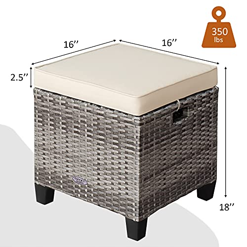 Tangkula 2 Pieces Patio Rattan Ottomans, Outdoor Wicker Footstool Footrest Seat with Soft Cushions and Steel Frame, All-Weather Patio Ottoman Set for Backyard Garden Poolside (White)