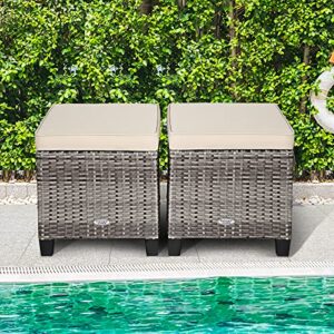 Tangkula 2 Pieces Patio Rattan Ottomans, Outdoor Wicker Footstool Footrest Seat with Soft Cushions and Steel Frame, All-Weather Patio Ottoman Set for Backyard Garden Poolside (White)