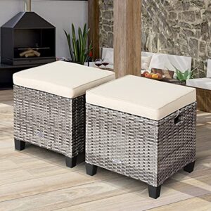 Tangkula 2 Pieces Patio Rattan Ottomans, Outdoor Wicker Footstool Footrest Seat with Soft Cushions and Steel Frame, All-Weather Patio Ottoman Set for Backyard Garden Poolside (White)