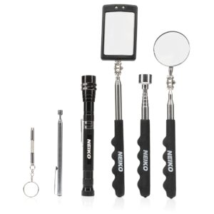 neiko 20736a (6) piece set, magnetic tool & telescoping mirror set, adjustable telescoping magnetic pickup tool, flashlight 15lb retriever tool, 360 swivel, magnet mirror, magnetic tools for mechanic