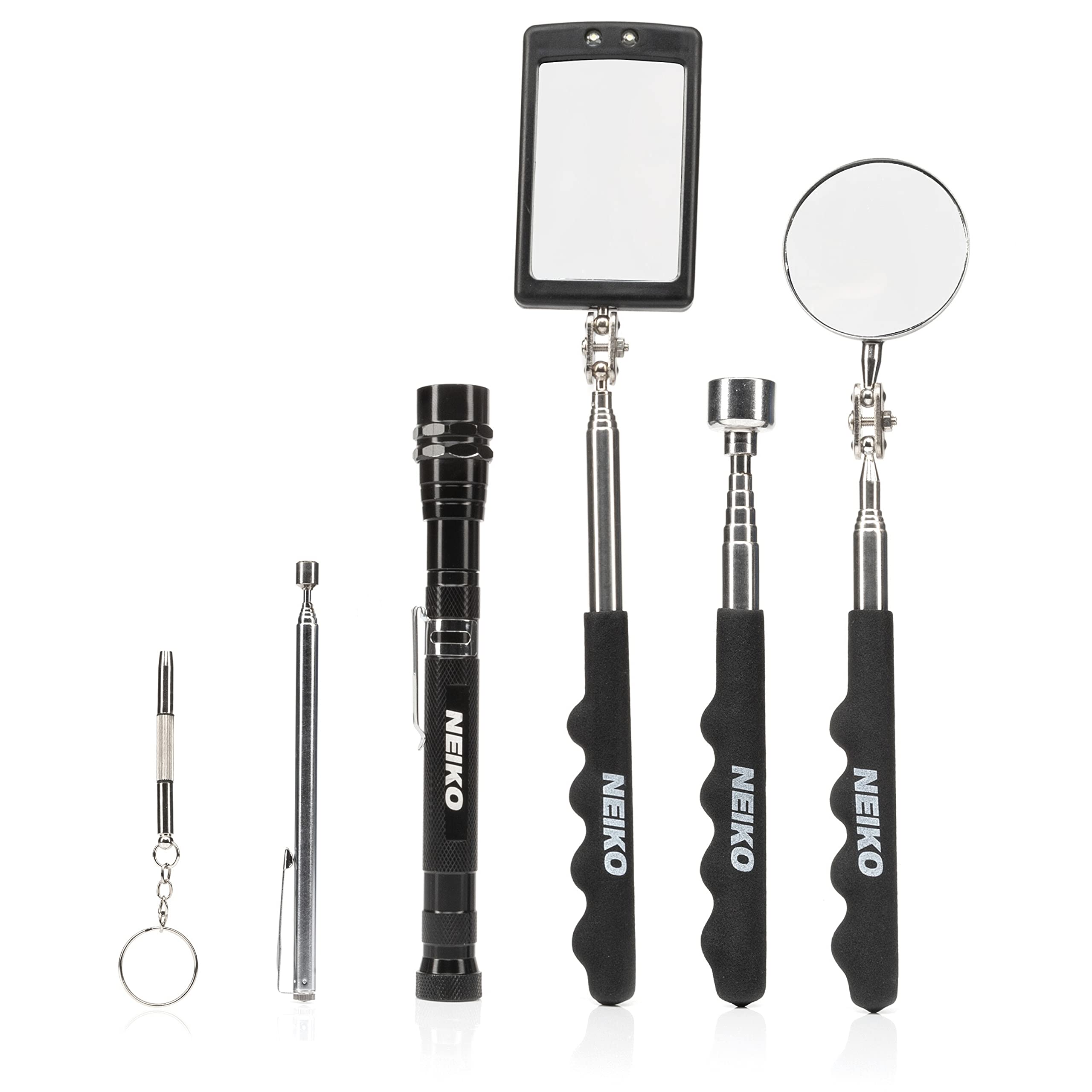 NEIKO 20736A (6) Piece Set, Magnetic Tool & Telescoping Mirror Set, Adjustable Telescoping Magnetic Pickup Tool, Flashlight 15lb Retriever Tool, 360 Swivel, Magnet Mirror, Magnetic Tools for Mechanic