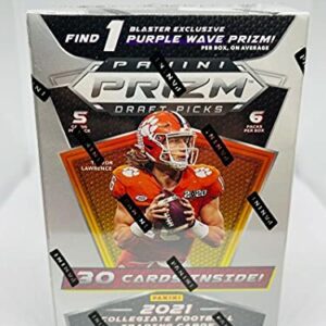 2021 Panini Prizm Draft Picks Collegiate Football Factory Sealed Blaster Box 30 Cards, includes 1 Purple Wave On Average. Chase Rookie Cards of Trevor Lawrence (1st Overall Pick to Jacksonville), Zach Wilson (2nd to New York Jets), Trey Lance (3rd to San