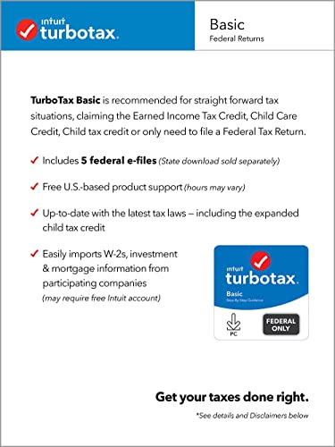 [Old Version] Intuit TurboTax Basic 2021, Federal Only Tax Return [PC Download]