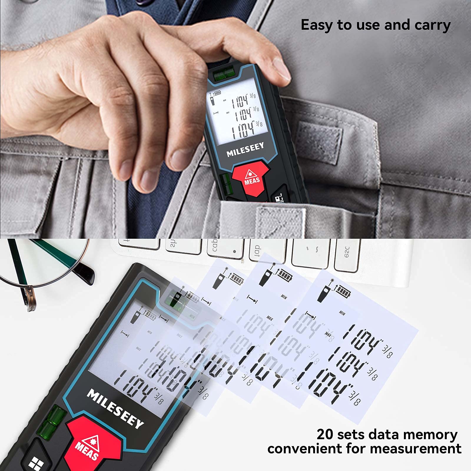 MiLESEEY Laser Measure, 131/328ft Laser Tape Measure with 2 Bubble Levels, Laser Distance Measure with Backlit LCD, Add/Sub, Mute Mode, Pythagorean Mode, Measuring Distance, Area & Volume