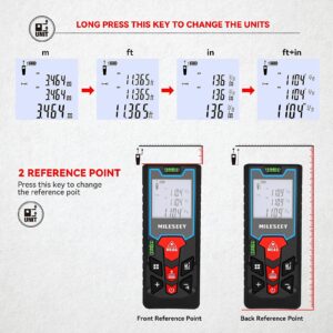 MiLESEEY Laser Measure, 131/328ft Laser Tape Measure with 2 Bubble Levels, Laser Distance Measure with Backlit LCD, Add/Sub, Mute Mode, Pythagorean Mode, Measuring Distance, Area & Volume