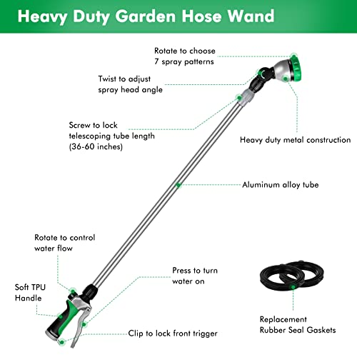 RESTMO 36”-60” (3ft-5ft) Metal Watering Wand, Long Telescopic Tube | 180° Adjustable Ratcheting Head | 7 Spray Patterns | Flow Control, Perfect Garden Hose Sprayer to Water Hanging Baskets, Shrubs