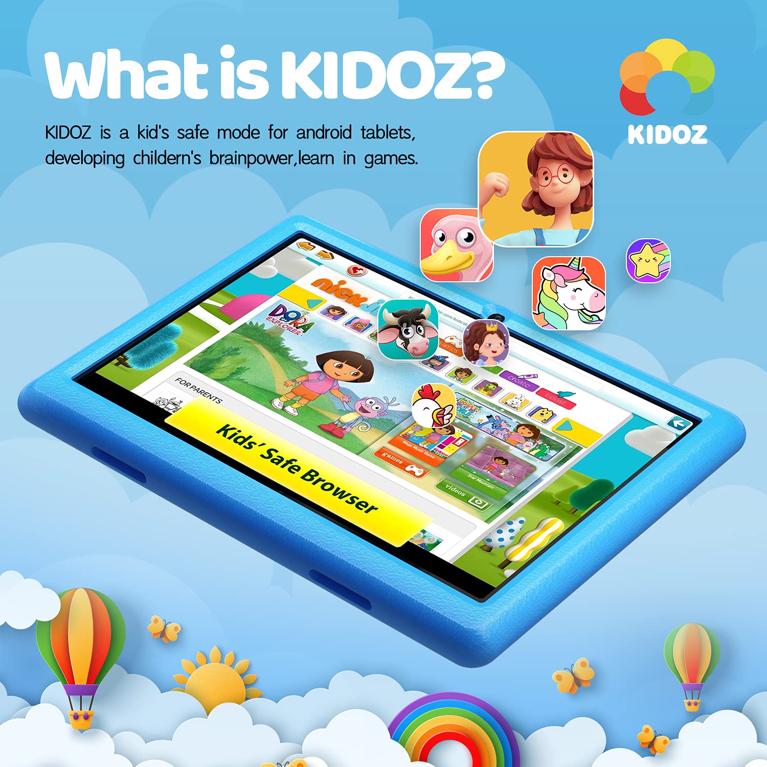 Kids Tablet 10 inch Tablet for Kids -Android 10 Tablet PC 10.1" Display, 5000mAh, Kidoz Pre Installed, Parental Control, 32GB ROM, Quad Core Processor, Wi-Fi, Bluetooth, Kid-Proof Case, Blue