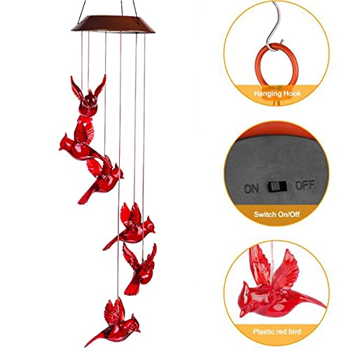 Cardinal Wind Chimes, Cardinal Bird Wind Chimes, Solar Powered Chime Light, Wind Chimes for Loss of Love, Hummingbird Decor for Patio, Deck, Yard, Garden, Home