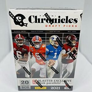 2021 Panini Chronicles Draft Picks Collegiate Football Factory Sealed Blaster Box 20 Cards includes 3 Pink Parallels, 4 Rookies and Stars. Chase Rookie Cards of Trevor Lawrence (1st Overall Pick to Jacksonville), Zach Wilson (New York Jets), Trey Lance (3