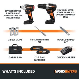 Worx Nitro 20V Brushless 1/2" Hammer Drill Cordless and 1/4" Cordless Impact Driver Combo Kit, Cordless Drill Set with Storage Bag Power Share Compatible WX971L – (Batteries & Charger Included)