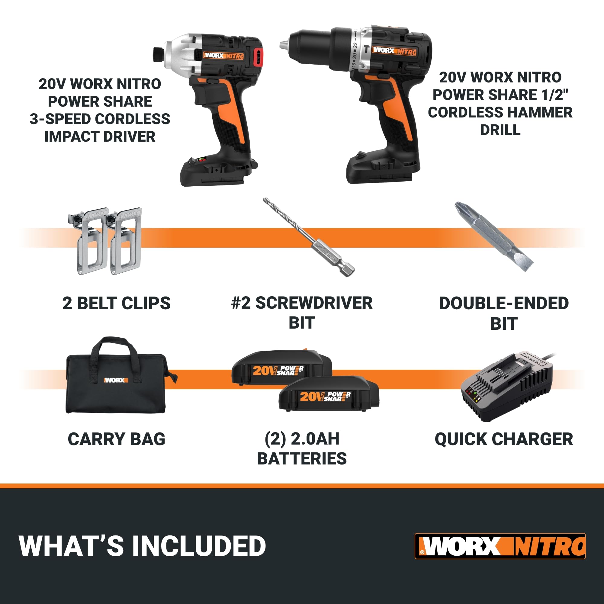 Worx Nitro 20V Brushless 1/2" Hammer Drill Cordless and 1/4" Cordless Impact Driver Combo Kit, Cordless Drill Set with Storage Bag Power Share Compatible WX971L – (Batteries & Charger Included)