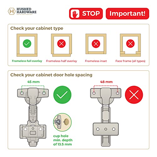 Hushed Hardware 20 Pack Frameless Full Overlay Adjustable Closing Speed Soft Close Cabinet Hinges. Premium Soft Close Hinges for Kitchen Cabinets. Self-Closing Door Hinges for Cabinet Door.