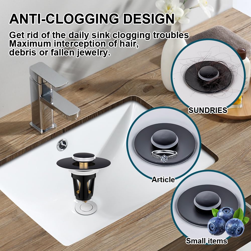 HAOMIAO Bathroom Sink Stopper(1.1-1.5inch, Brass Pop Up Wash Basin Plug Cover for Bathtub drains, Anti-Clogging Bath Plug Stopper Sink Drain Strainer with Basket (Matte Black)