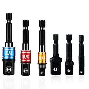 impact grade power drill socket adapter sets 6 pcs, 50mm-73mm long impact socket to drill adapter set 1/4” 3/8” 1/2” hex shank impact driver bit set socket holder, black drill bit attachments -bcs6